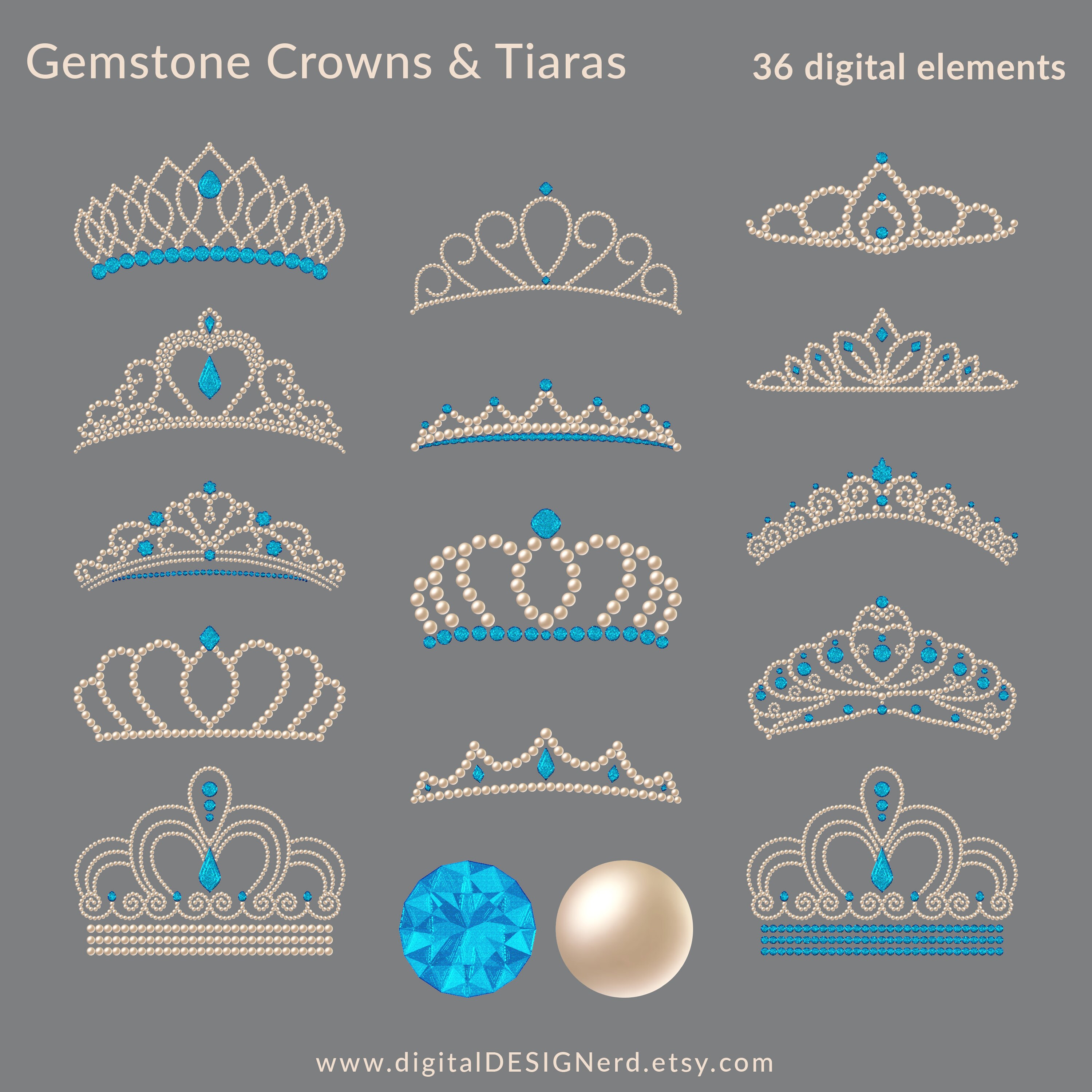 Ivory Pearl & Blue Topaz Crowns and Tiaras | 36 PNG Digital Clip Art ...