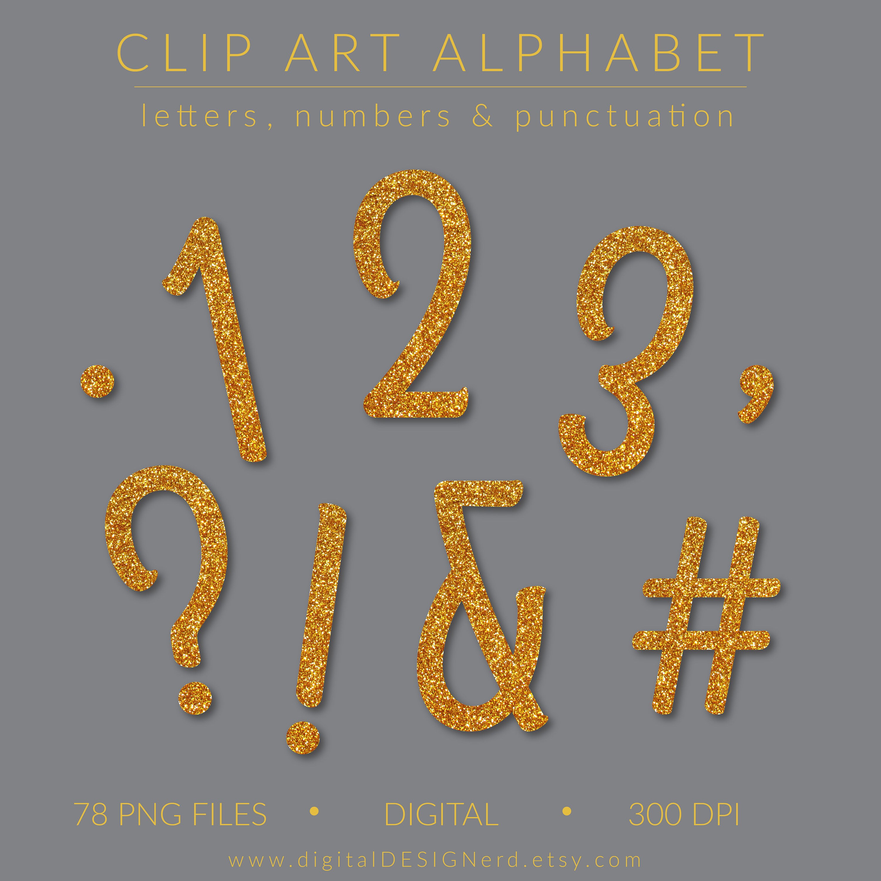 Clip Art Alphabet Bright Gold Glitter Letters Numbers & | Etsy