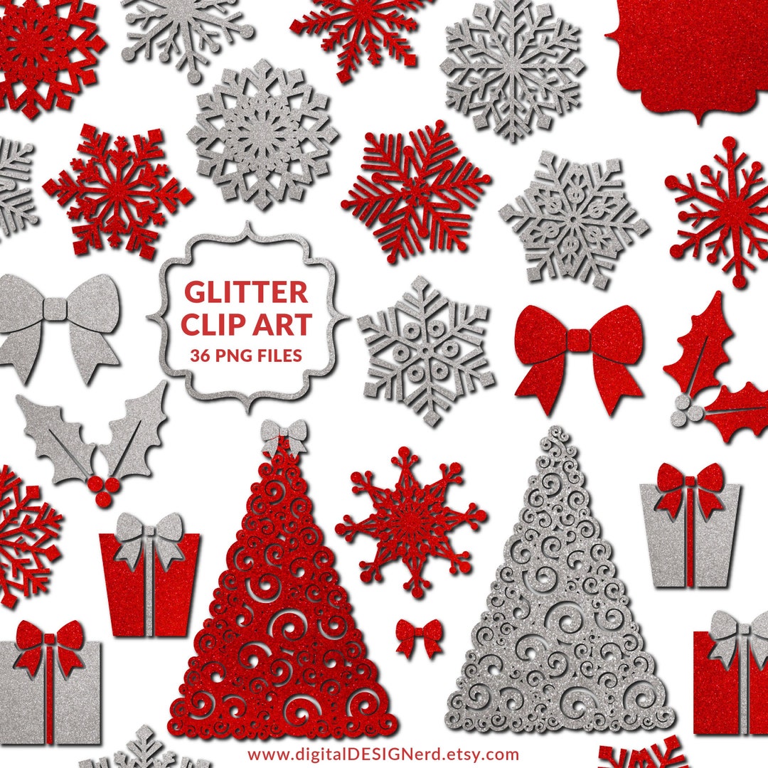 Christmas Clip Art: Silver & Ruby Glitter Graphics (36 PNG Digital ...
