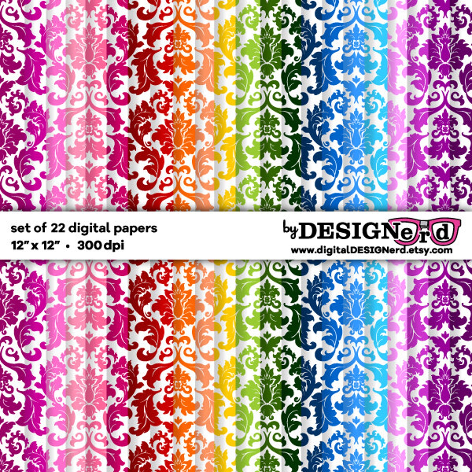 Digital Scrapbook Paper Rainbow Damask Collection 1 | Etsy