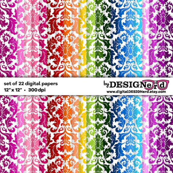 Digital Scrapbook Paper Rainbow Damask Collection 1 | Etsy