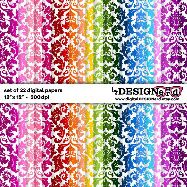 Digital Scrapbook Paper Rainbow Damask Collection 1 | Etsy