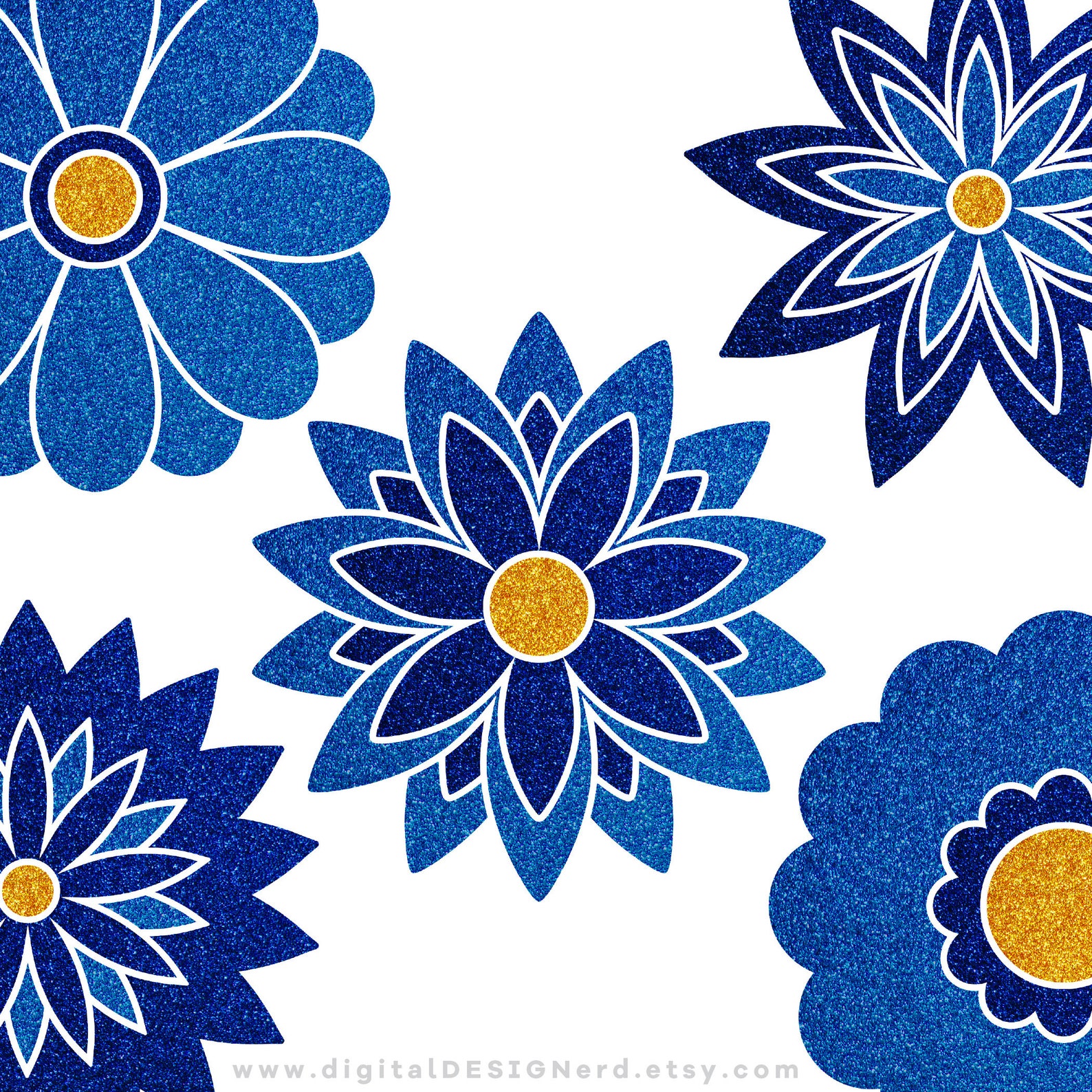 Geometric Glitter Flowers Clip Art Set Blue & Golden Yellow - Etsy