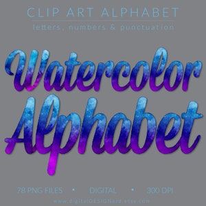 Watercolor Clip Art Alphabet | Dark Blue & Purple Ombre Letters Numbers ...