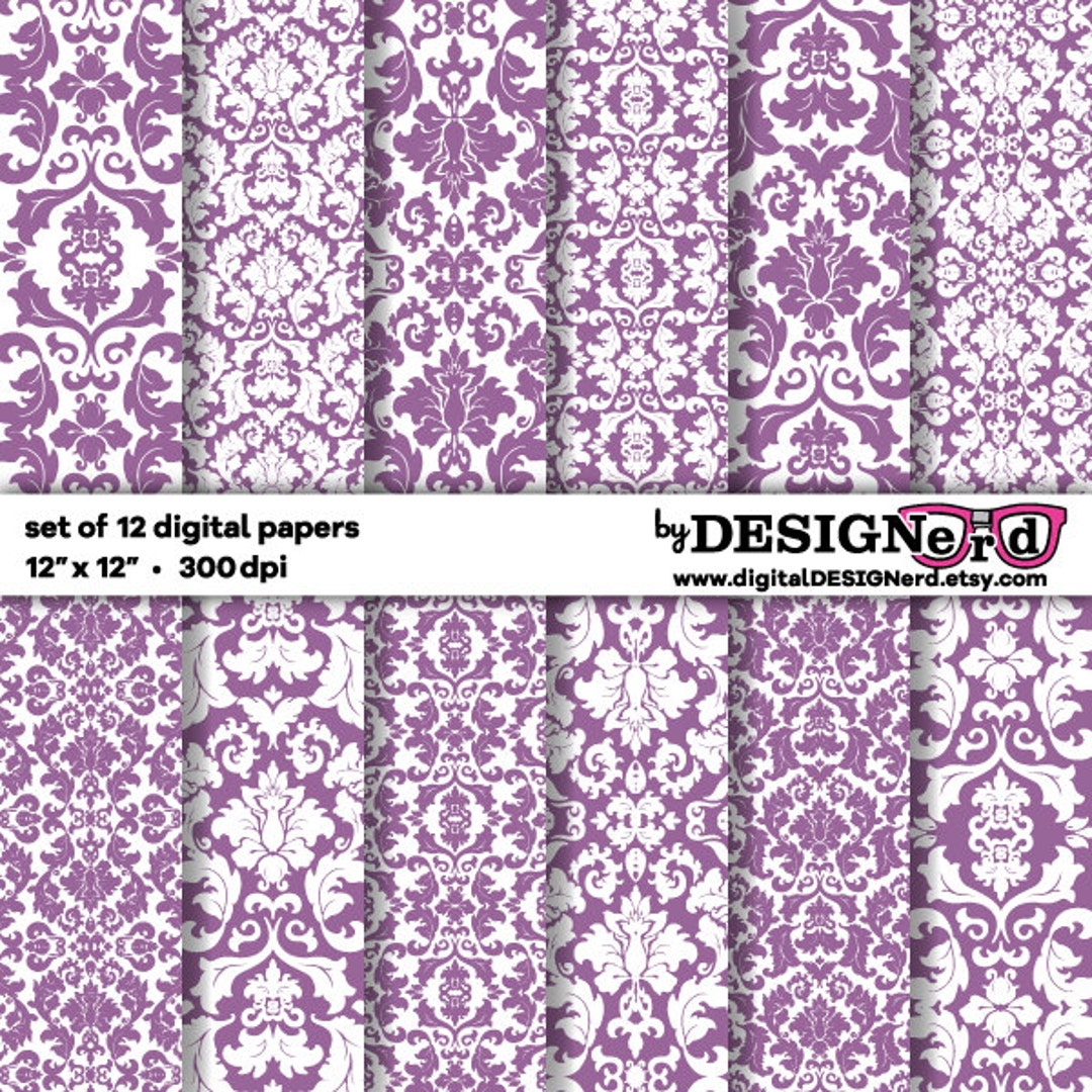 Digital Scrapbook Paper - Light Purple & White Damask Collection (12 ...