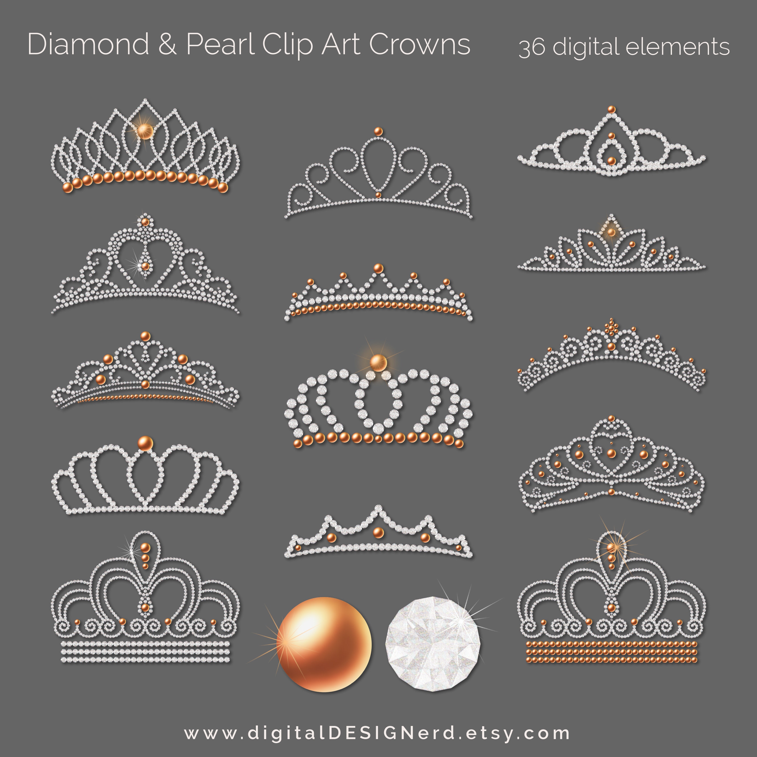 Diamond & Gold Pearl Crowns and Tiaras | 36 PNG Digital Clip Art ...