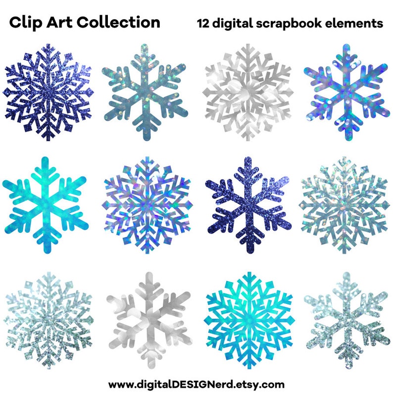 Clip Art Snowflakes Blue & Silver Glitter set of 12 Digital - Etsy
