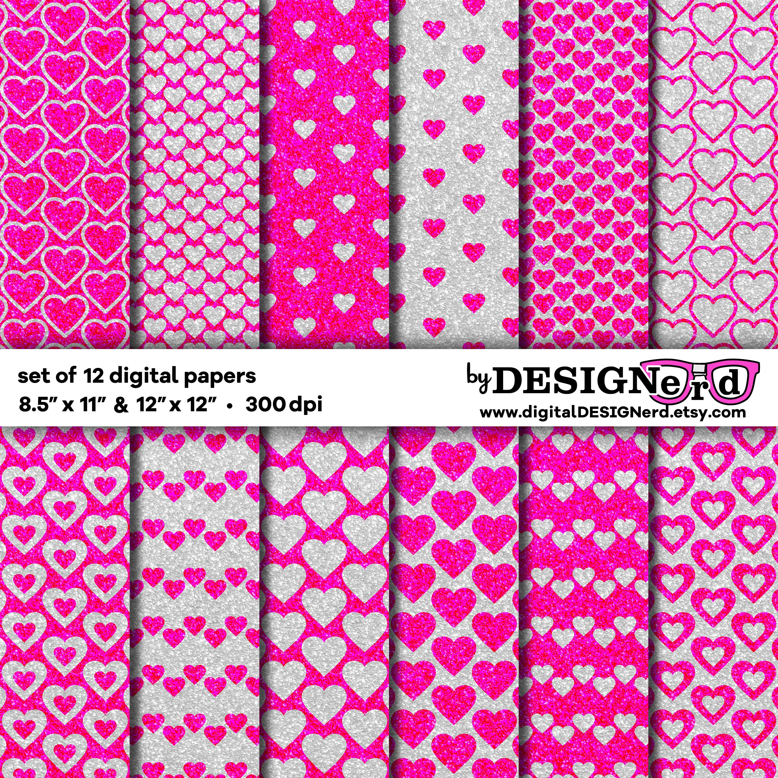 Glitter Heart Digital Paper | Neon Pink & Silver | 12x12 8.5x11 ...