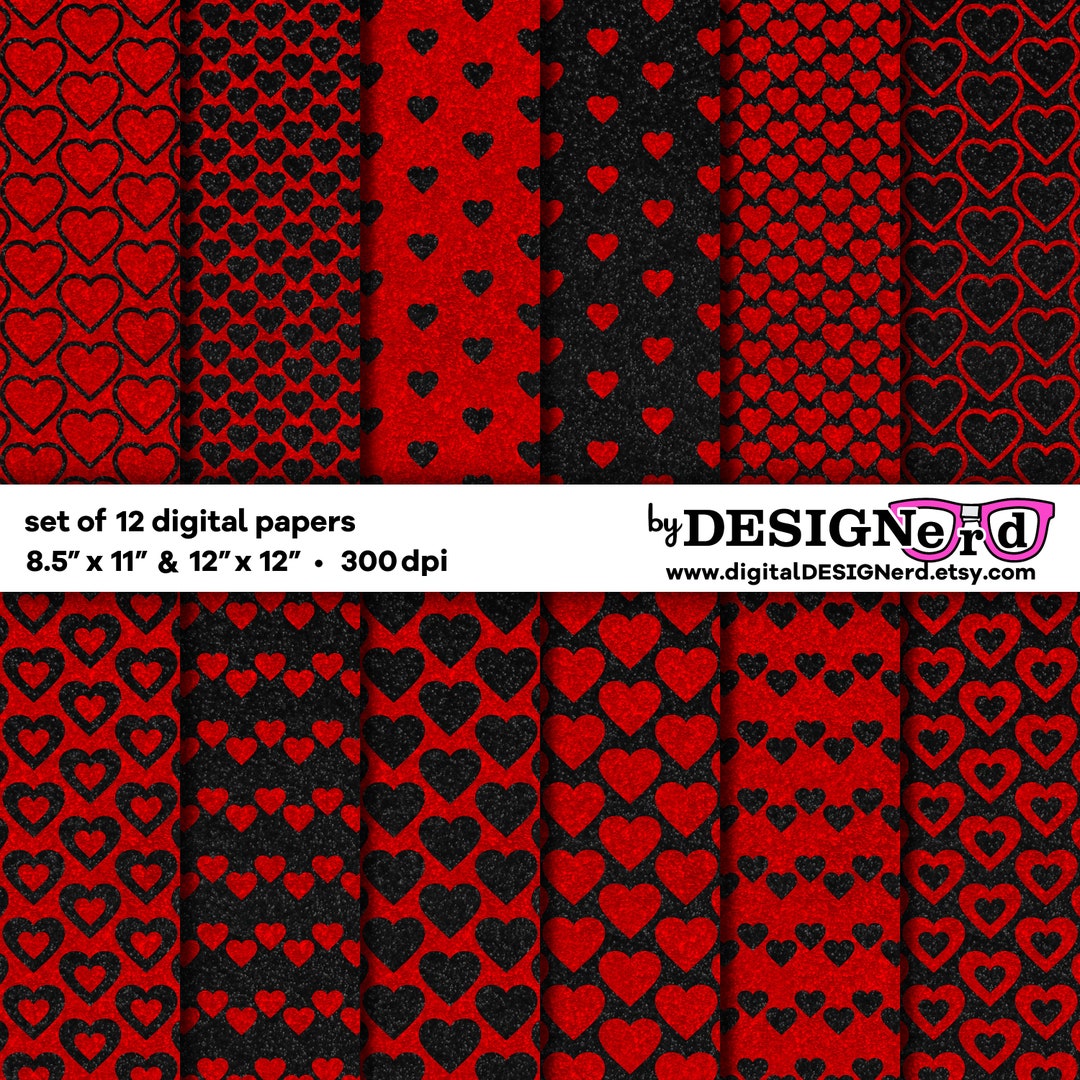 Glitter Heart Digital Paper | Red & Black Printable Background 12x12 8 ...