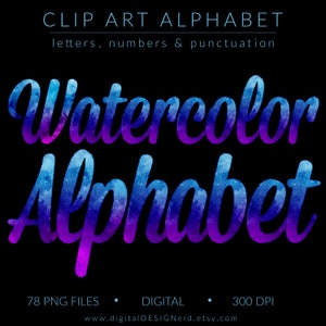 Watercolor Clip Art Alphabet | Dark Blue & Purple Ombre Letters Numbers ...