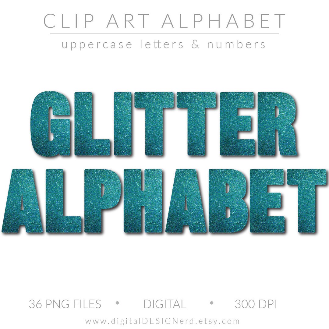 Clip Art Alphabet | Blue Green Glitter Digital Letters & Numbers | Set ...