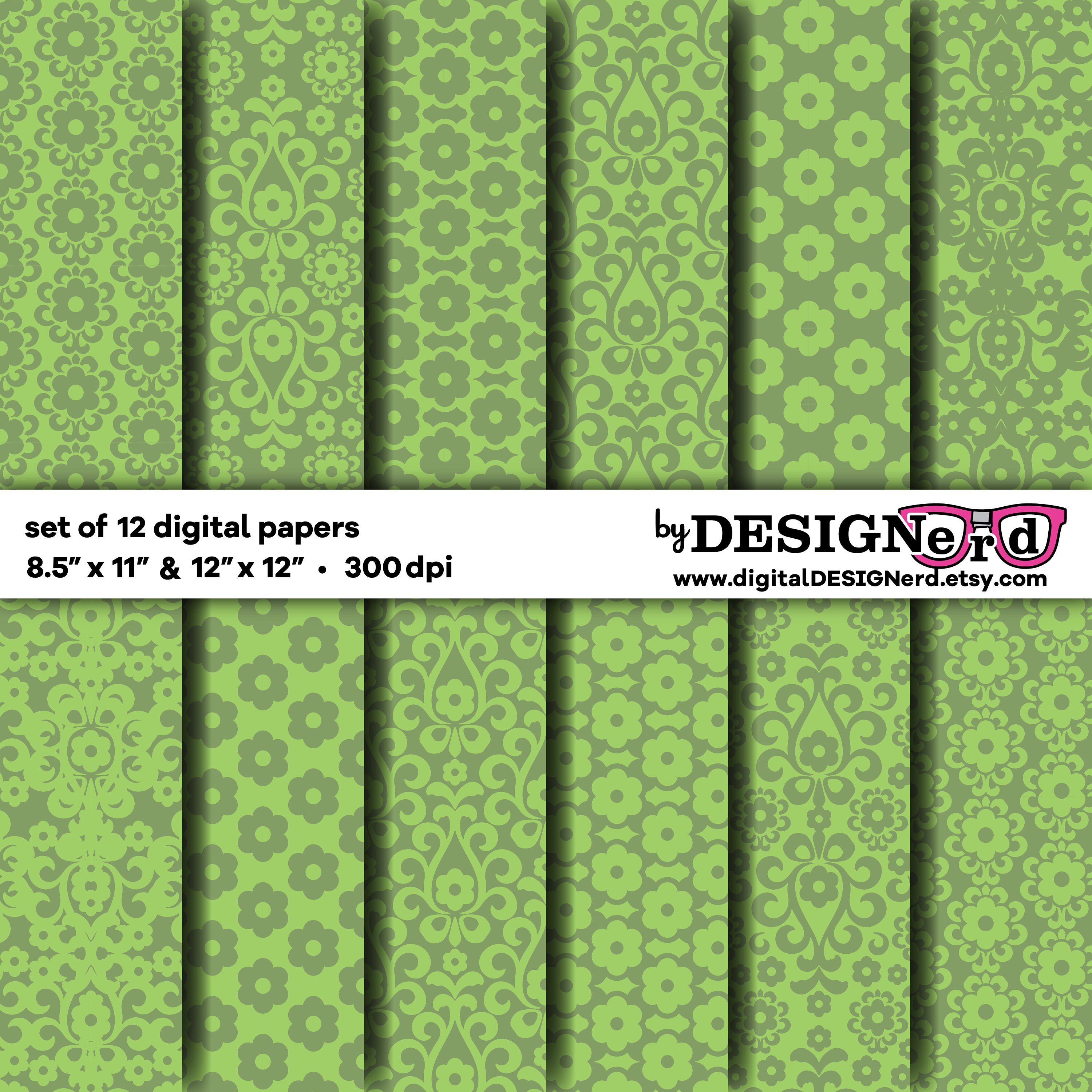 Digital Scrapbook Paper Sage Green Floral Damask Collection - Etsy