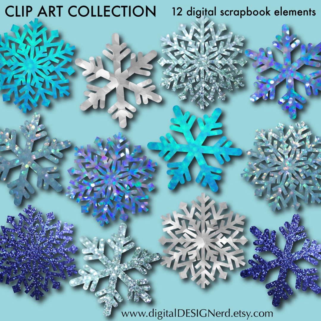 Clip Art Snowflakes - Blue & Silver Glitter (set of 12 Digital ...