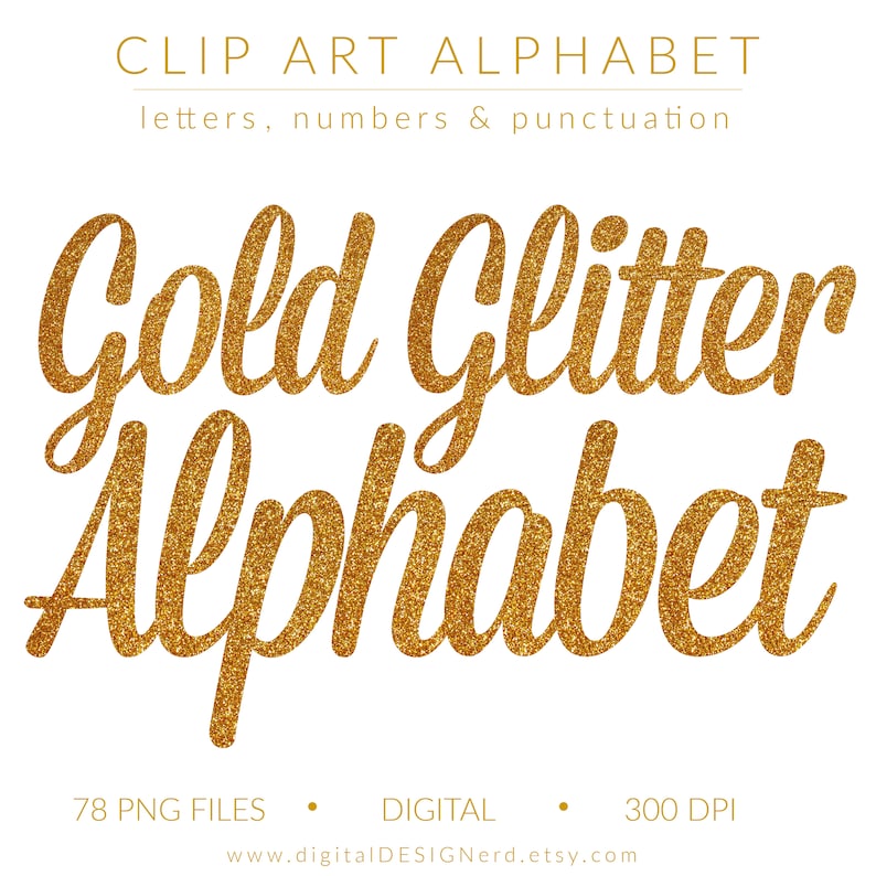 Gold Glitter Alphabet Clip Art: 78 Sparkly PNG Embellishments (digital ...