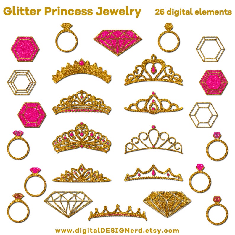 Sparkly Princess Jewelry Clip Art Bright Gold & Pink Glitter - Etsy