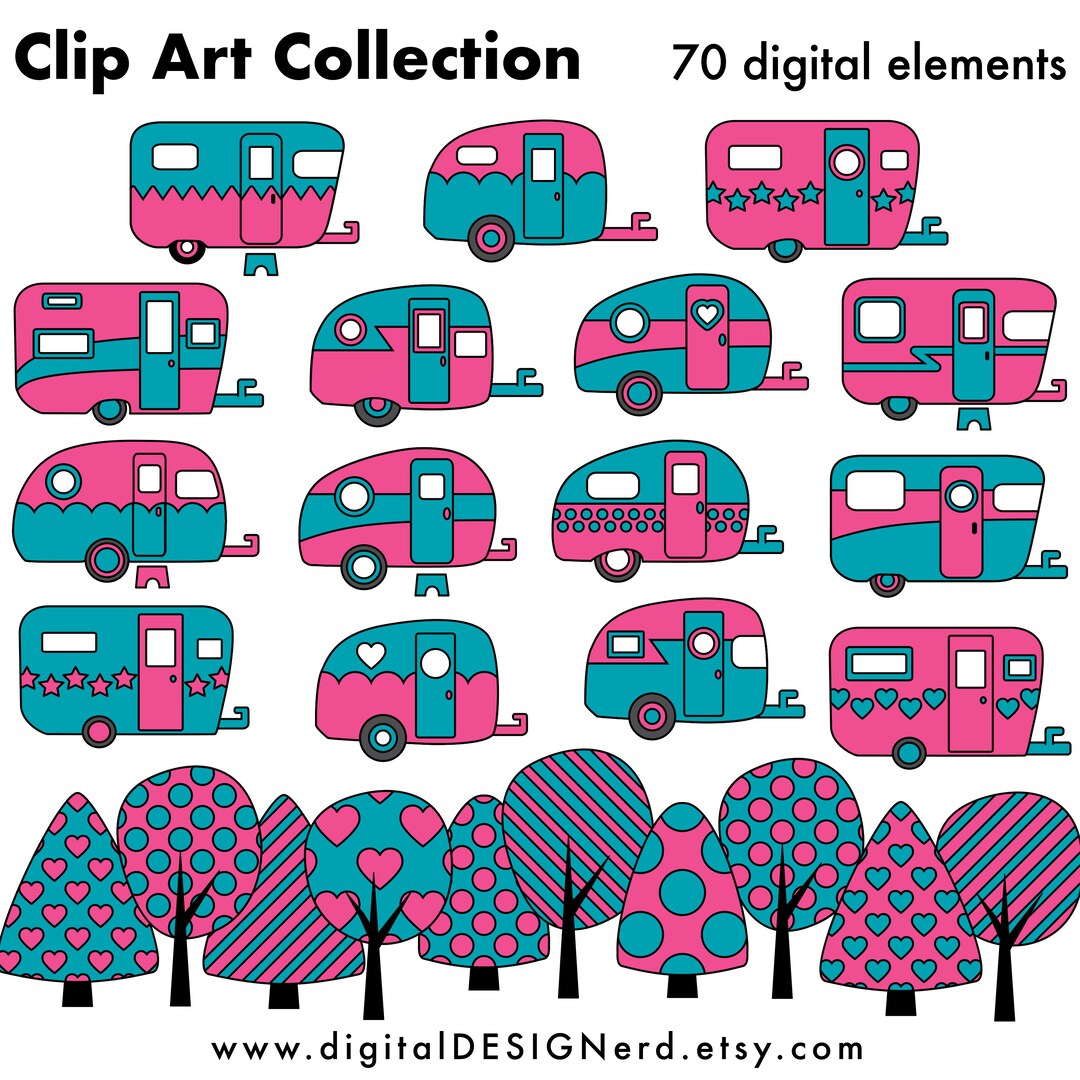 Vintage Camper Clip Art: Teal & Pink Retro RV Graphics (PNG Digital ...