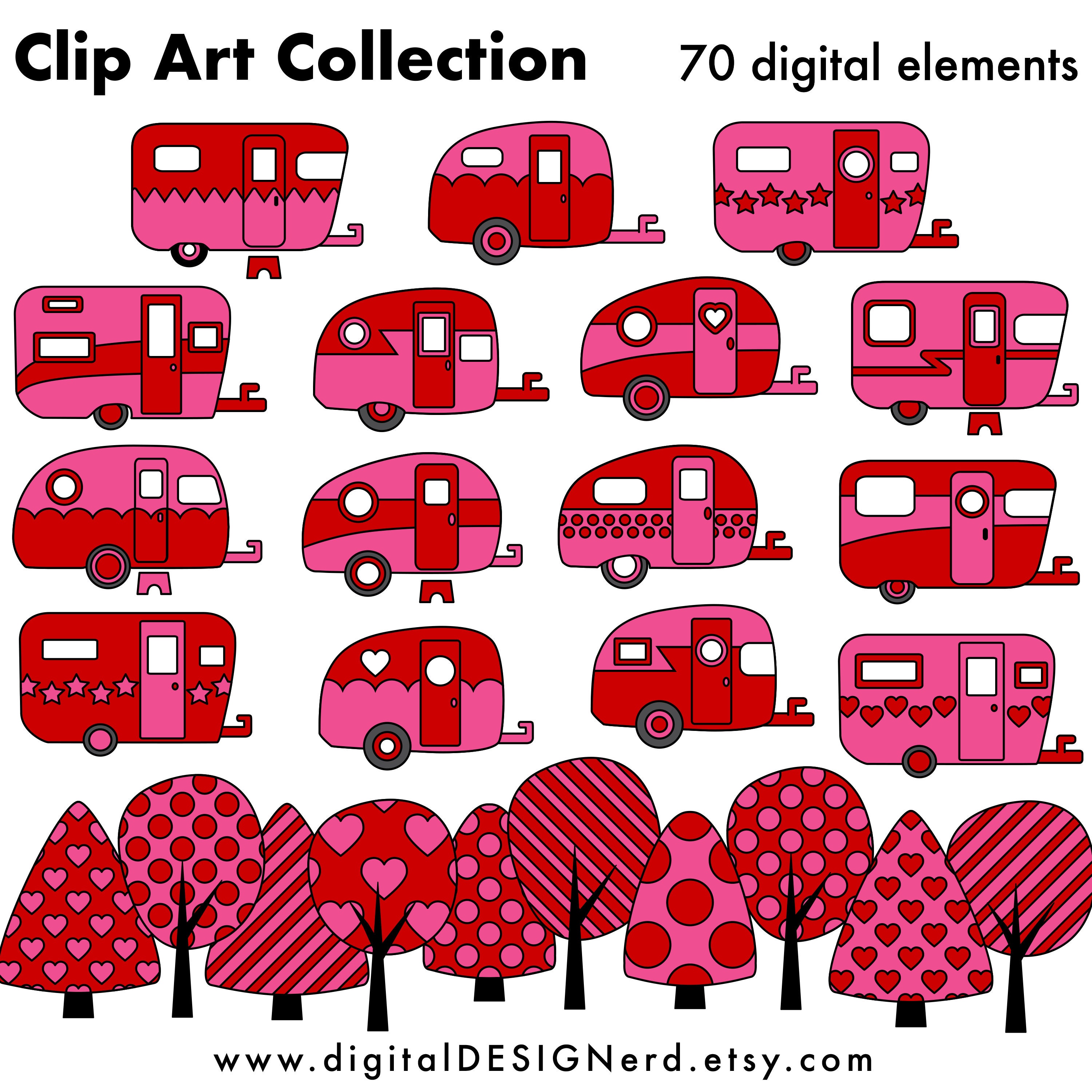 Vintage Campers Clip Art Red & Pink 70 Digital Scrapbook | Etsy