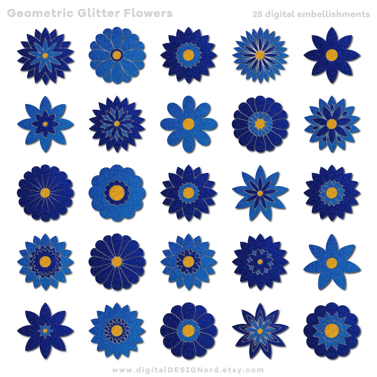 Geometric Glitter Flowers Clip Art Set Blue & Golden Yellow - Etsy