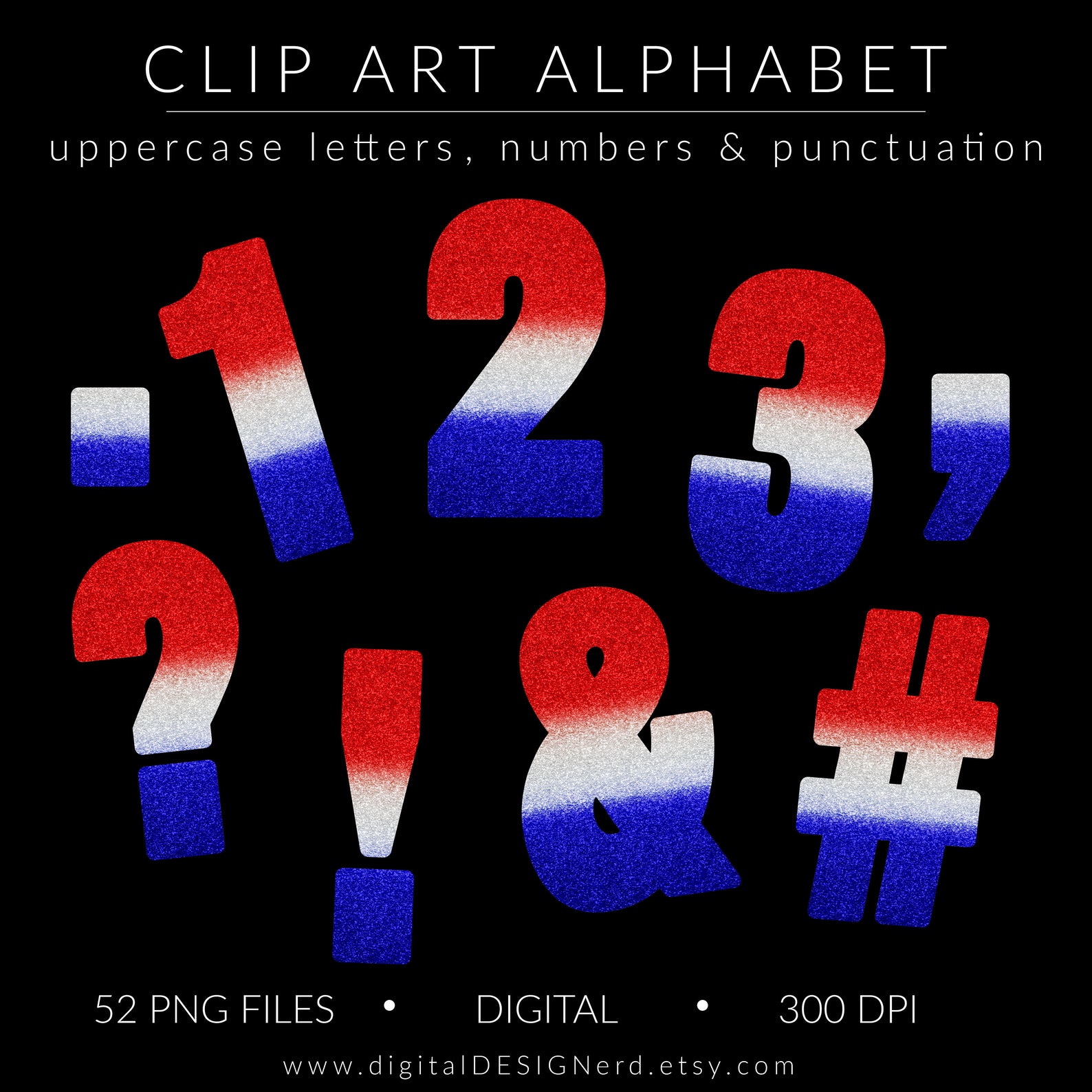 Clip Art Alphabet | Red White & Blue Ombre Glitter Letters Numbers ...