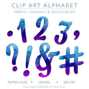 Watercolor Clip Art Alphabet | Dark Blue & Purple Ombre Letters Numbers ...