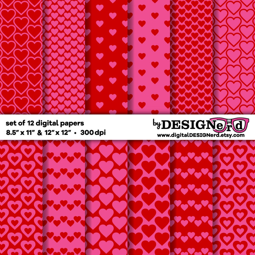 Red and Pink Heart Digital Paper | 12x12 & 8.5x11 | Printable Scrapbook ...