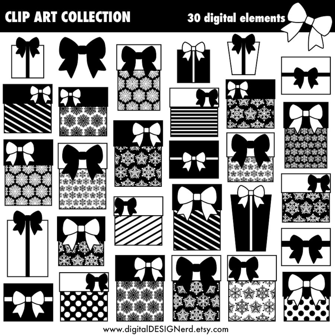 Clip Art - Black & White Christmas Presents and Bows (30 Digital ...