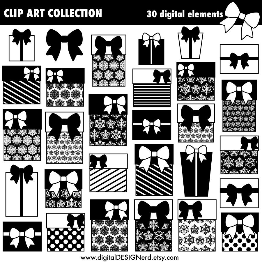 Clip Art Black & White Christmas Presents and Bows 30 - Etsy