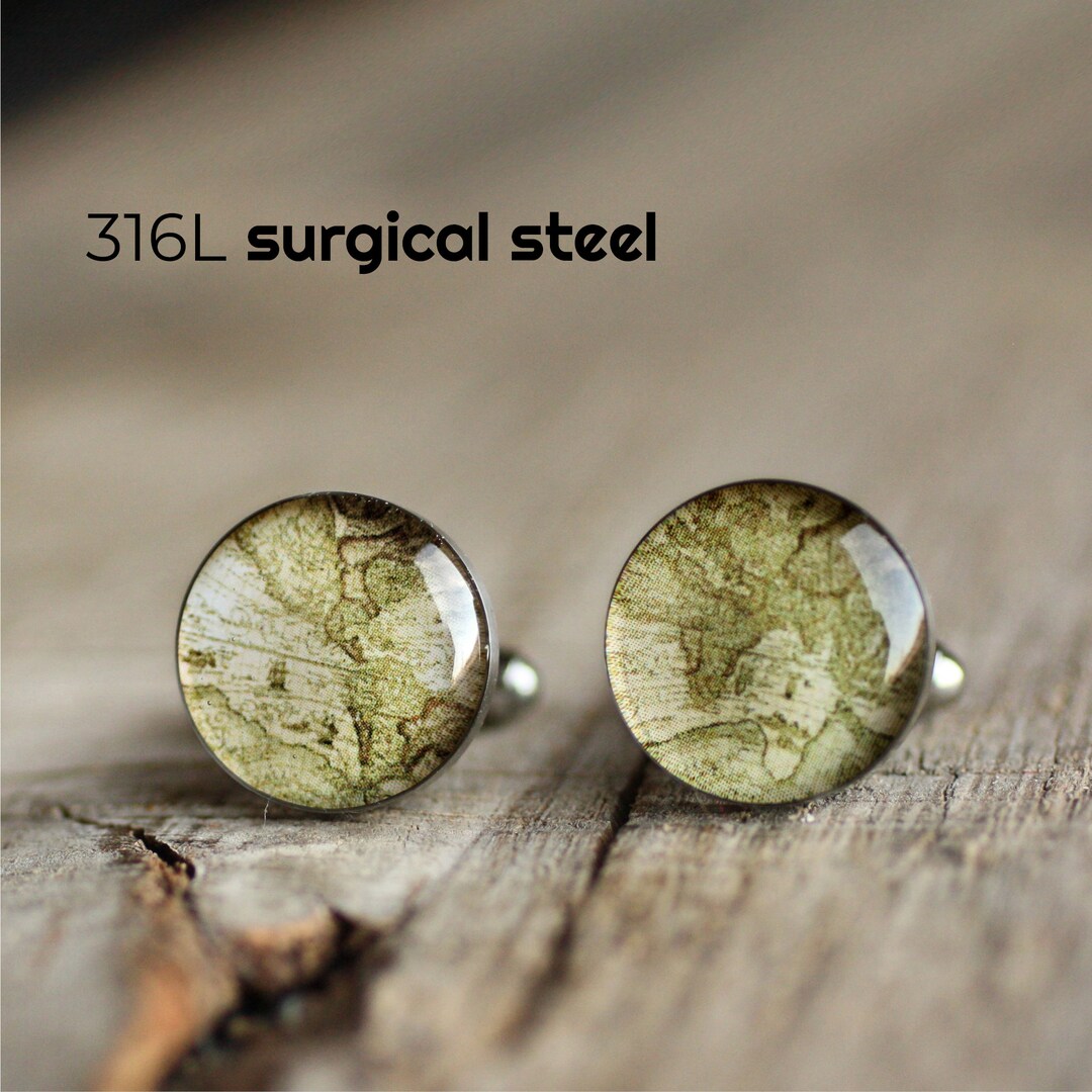 Vintage Map Cufflink, Surgical Steel Cuff Link, World Map Cuff Link ...