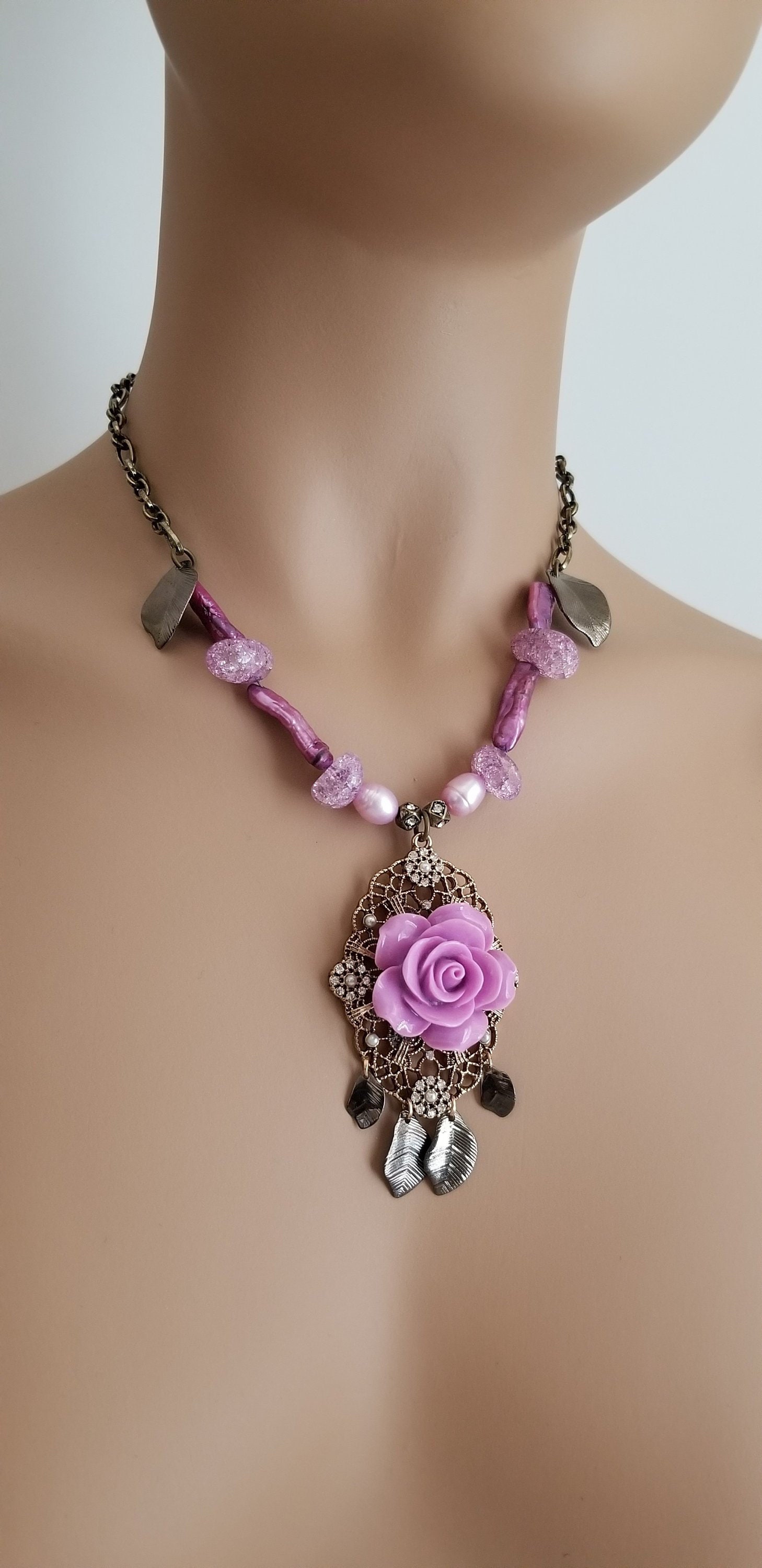 Lavender Purple Rose Necklace in Fresh Water Pearls and - Etsy