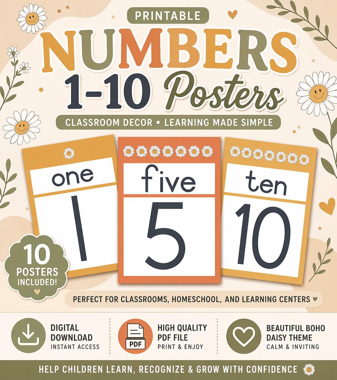 Numbers 1–10 Posters Printable | Daisy Boho Classroom Decor | Preschool ...