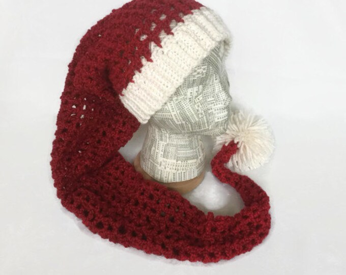 Long Santa Hat / Crochet Santa Hat / Long, Red Winter Hat With Pom Pom ...