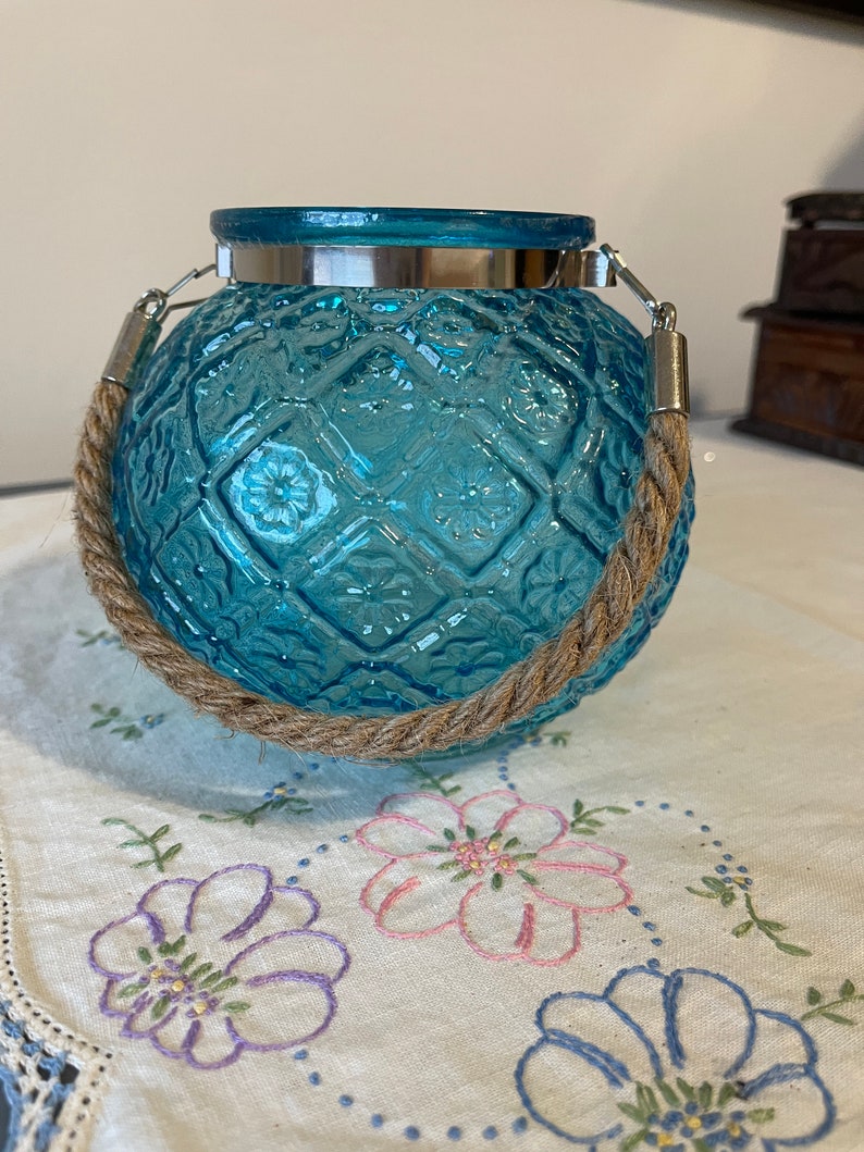 Aqua/blue Pressed Glass Round Decorative Vase With Rope Accent - Etsy