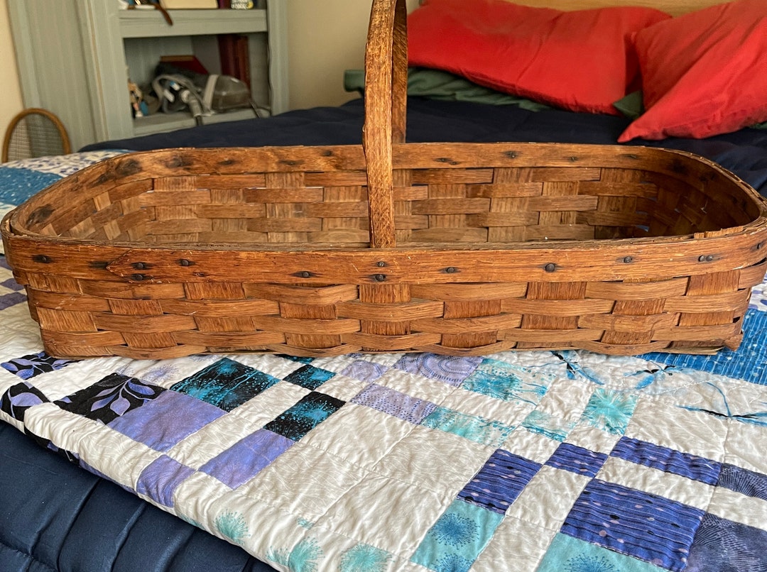 Vintage Split Wooden Ex-large Rectangular Gathering Basket With Handle ...