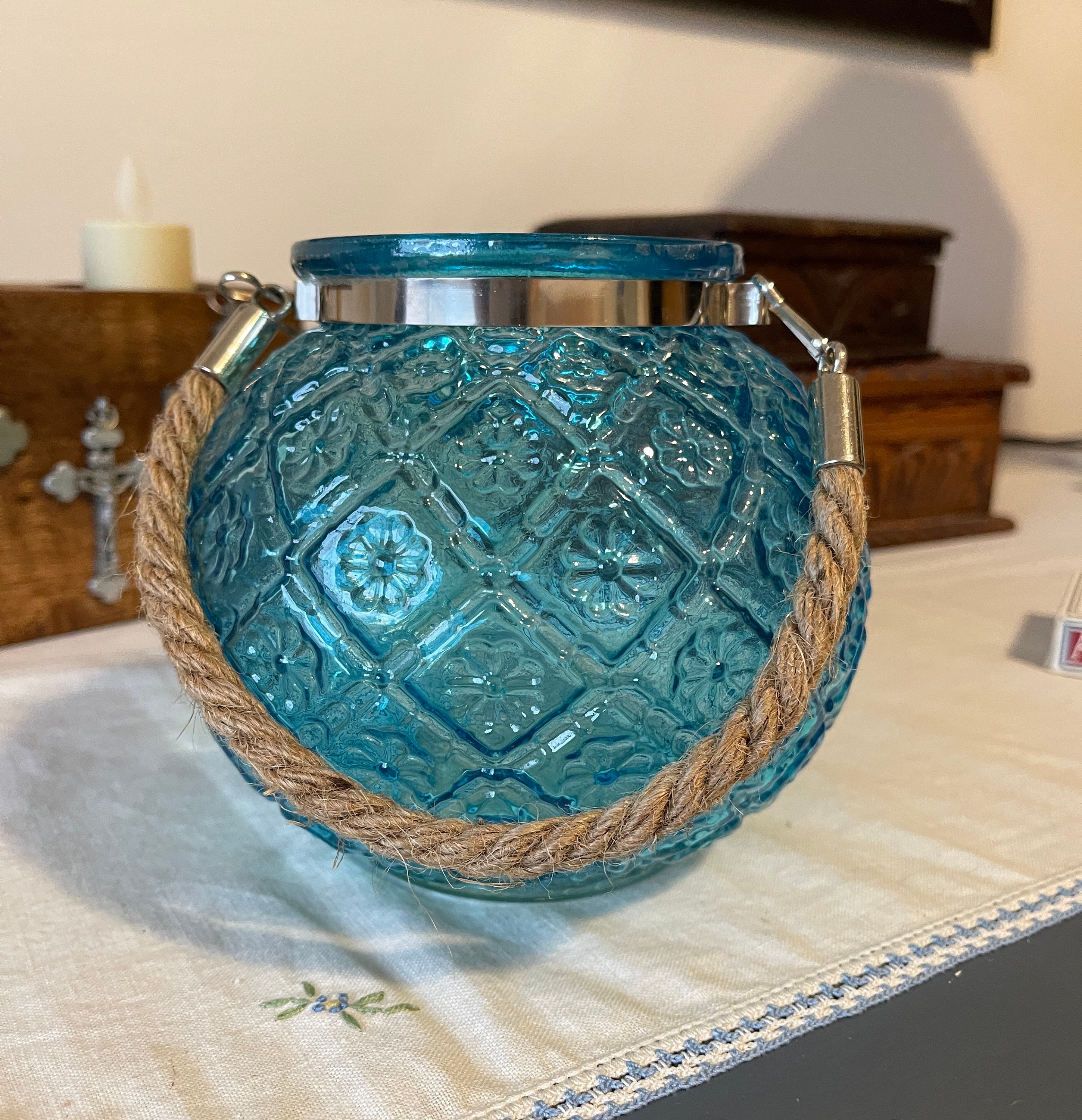 Aqua/blue Pressed Glass Round Decorative Vase With Rope Accent - Etsy