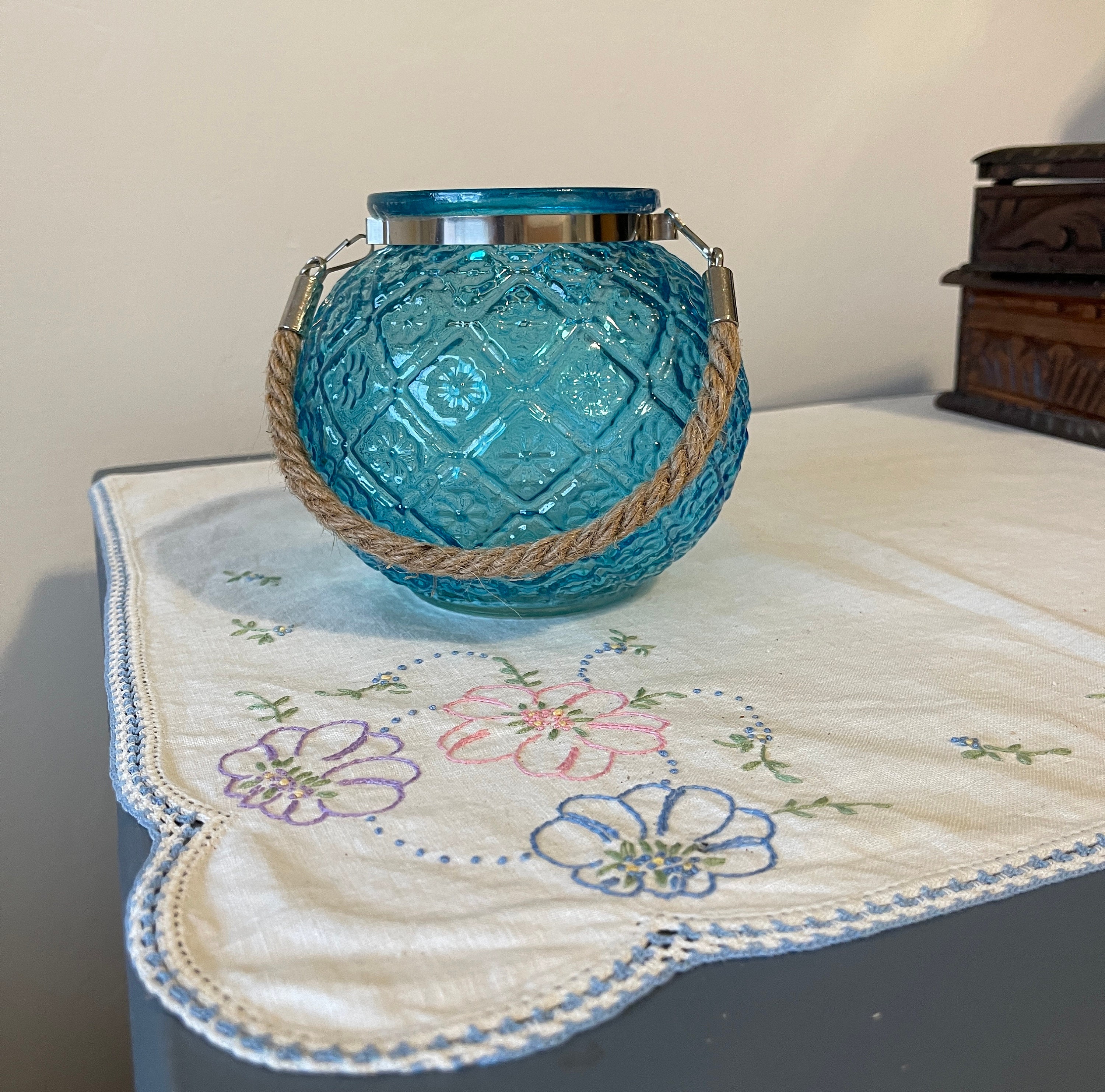 Aqua/blue Pressed Glass Round Decorative Vase With Rope Accent - Etsy