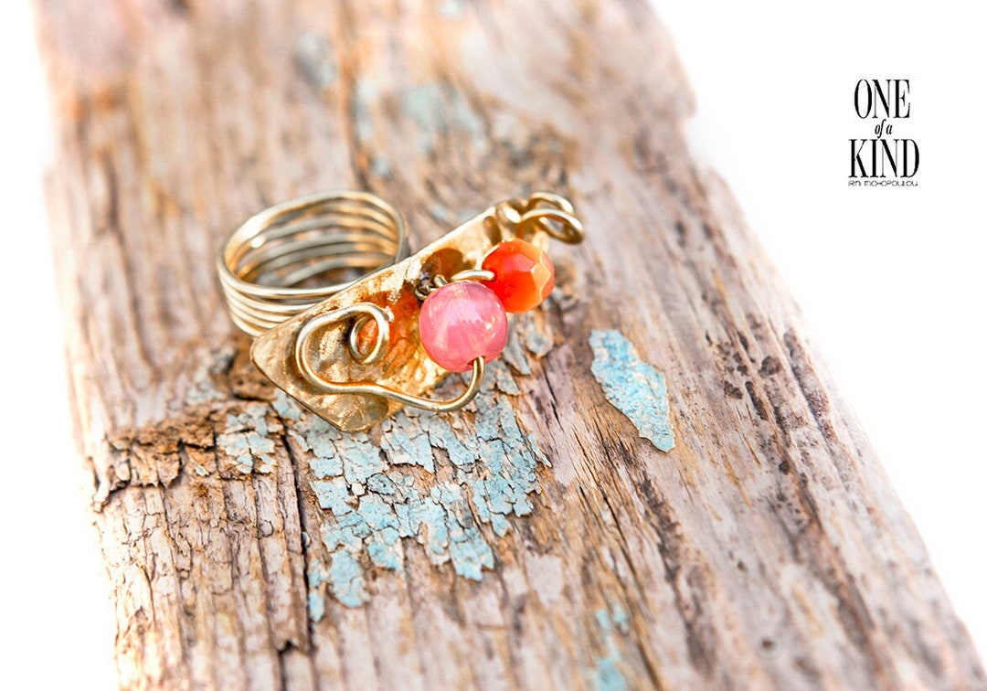 Dance - Brass Ring ,big ,boho,golden,wire Ring,,semiprecious Stone ...