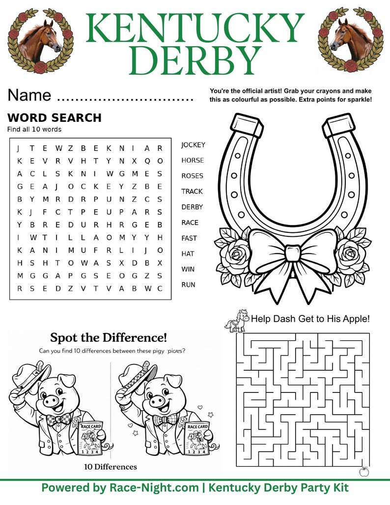 Kentucky Derby Kids Activity Pack – Printable Coloring, Mazes, Puzzles ...