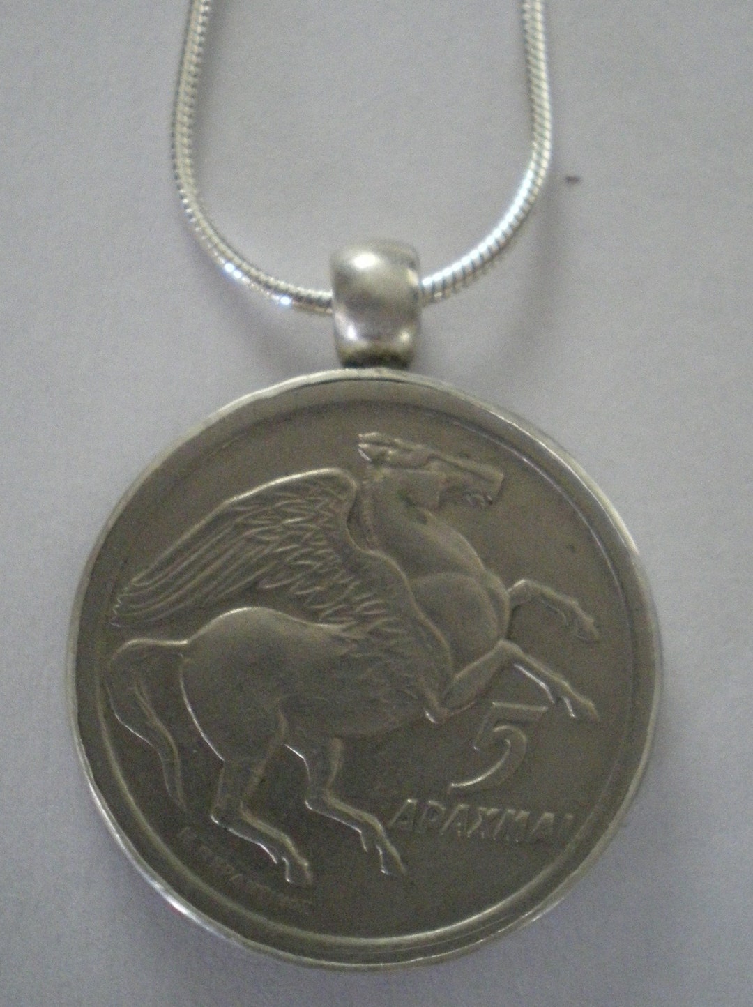 Greek Pegasus Coin Set in Sterling Silver Bezel on Sterling Silver ...