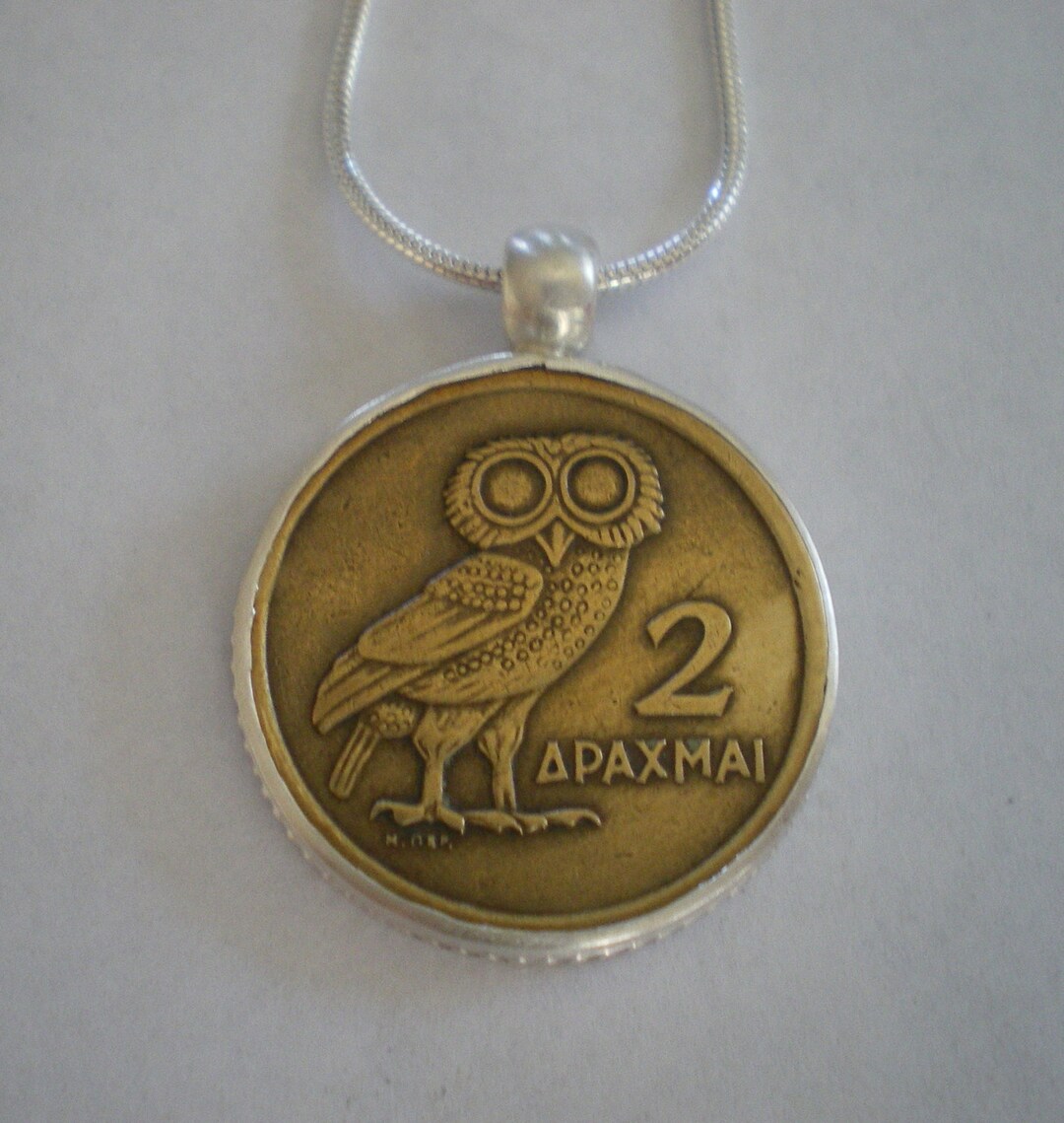 Sterling Silver Bezel-set Greek Owl Coin Athena Pendant on 24" Sterling ...