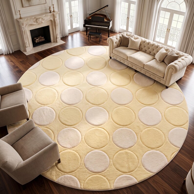 Butter Yellow Round Tufted Wool Rug - Sculpted 3D Bubble Polka Dot Area ...