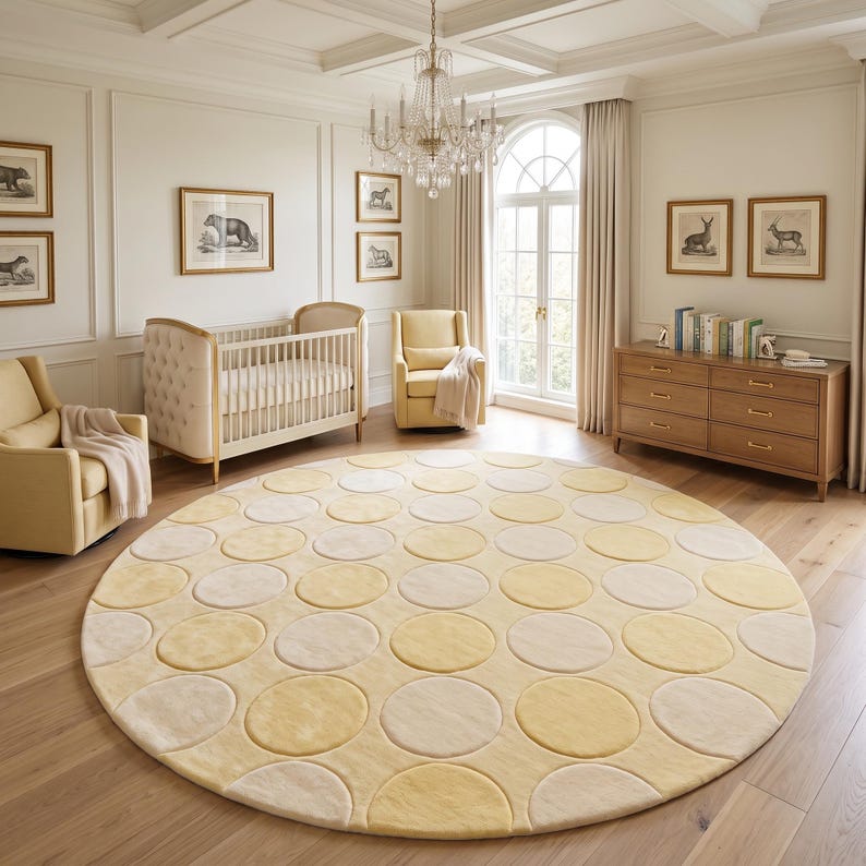 Butter Yellow Round Tufted Wool Rug - Sculpted 3D Bubble Polka Dot Area ...