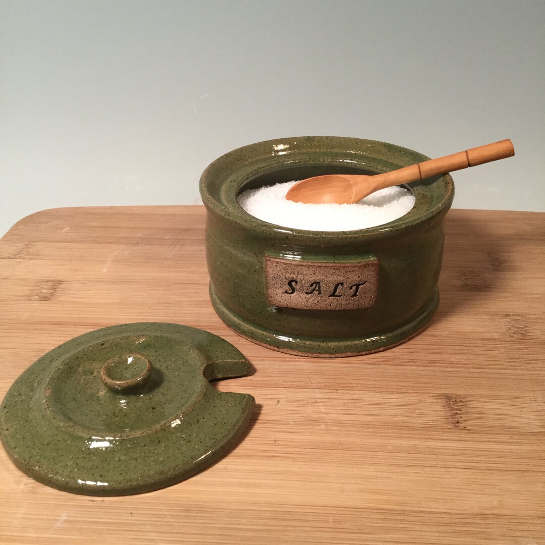 Pottery Salt Cellar Kitchen Storage Jar Avocado Green Modern Pottery ...