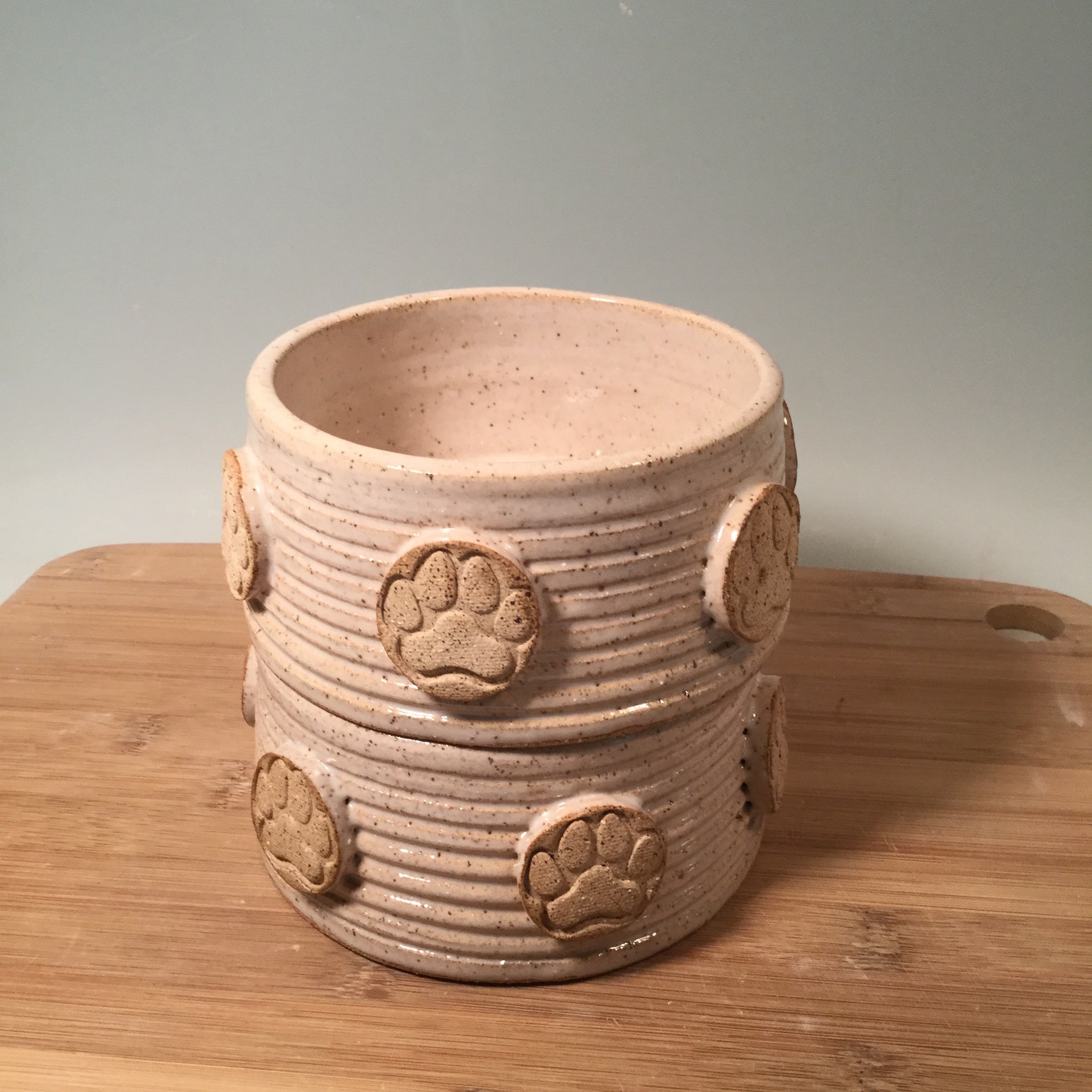 Small Cat Dog Dish One Pottery Pet Bowl Paw Print Pattern | Etsy