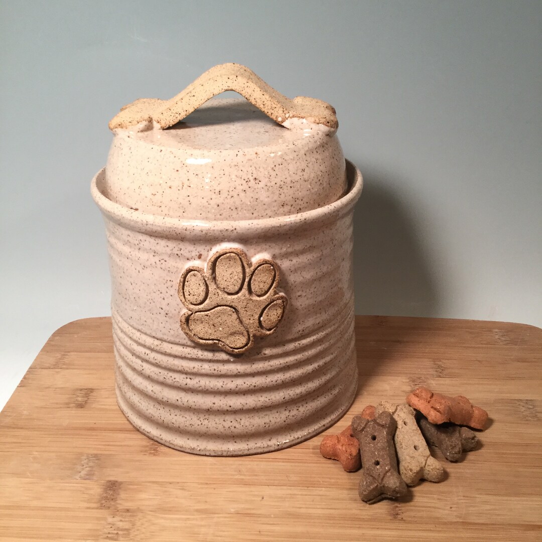 Ivory White Stoneware Dog Treat Jar: Paw Print, Dog Bone Handle - Etsy
