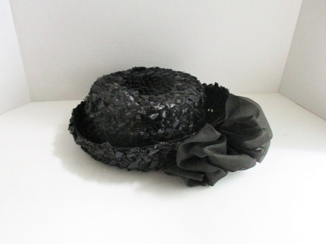 Vintage Ladies Hat Black Straw Lace Mesh Bow Le Charme - Etsy