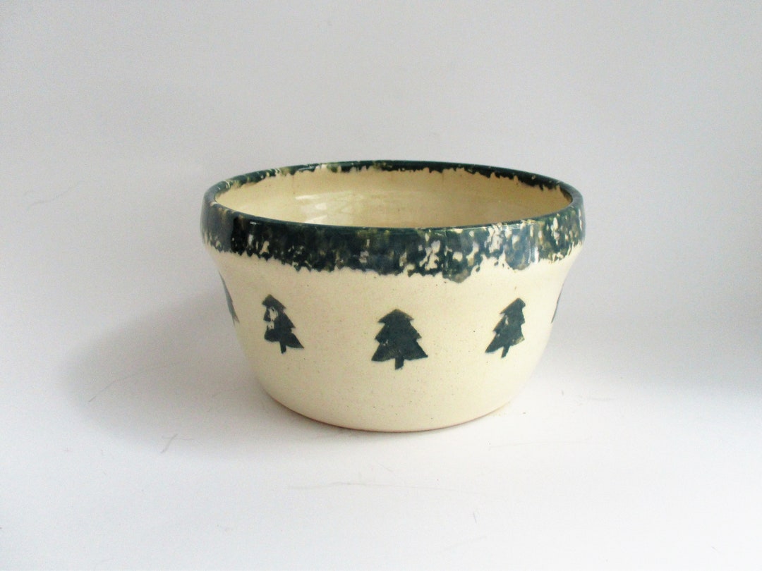 Vintage Bowl Forest Green Sponge Evergreen Trees Picket Pottery - Etsy