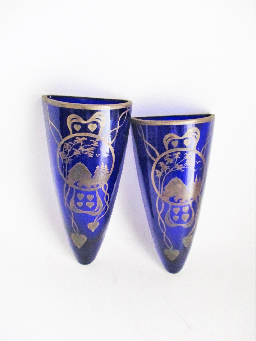 Vintage Blue Glass Wall Pockets Set of 2 Heart Design Cobalt Gold Gilt ...