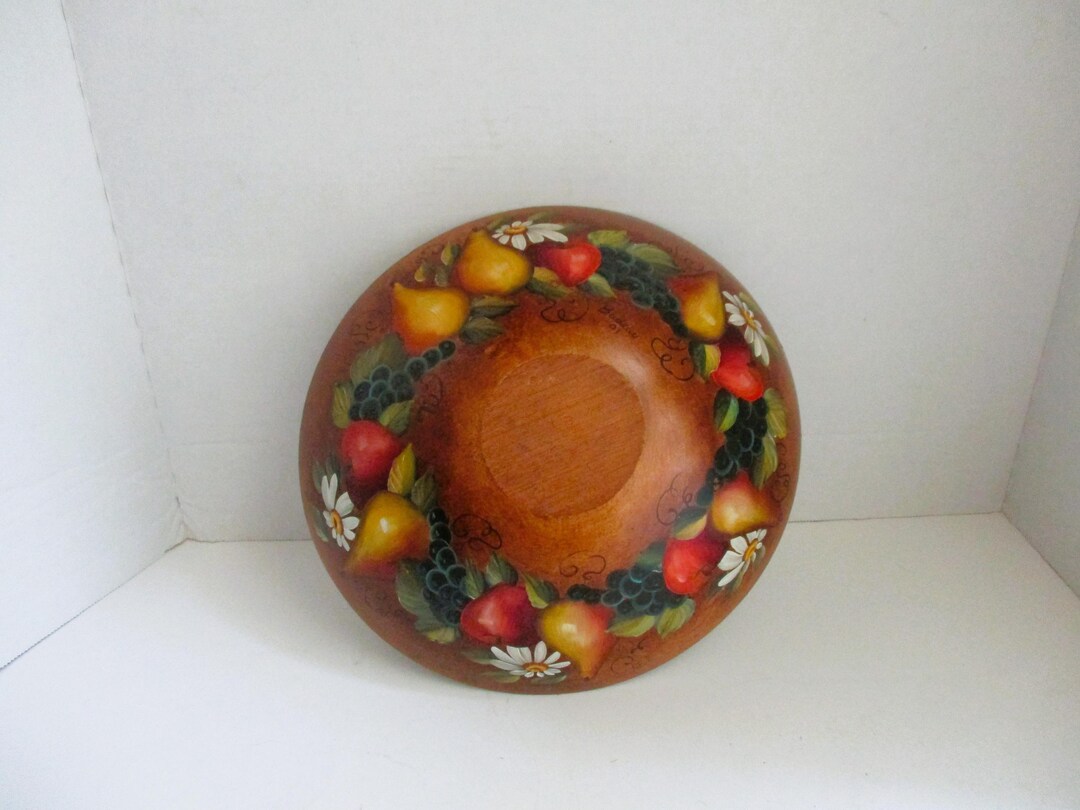 Vintage Wood Bowl Oval Tole Painted Fruit and Flowers - Etsy