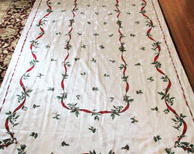 Vintage Damask Christmas Tablecloth Holly Berries Red Ribbon - Etsy