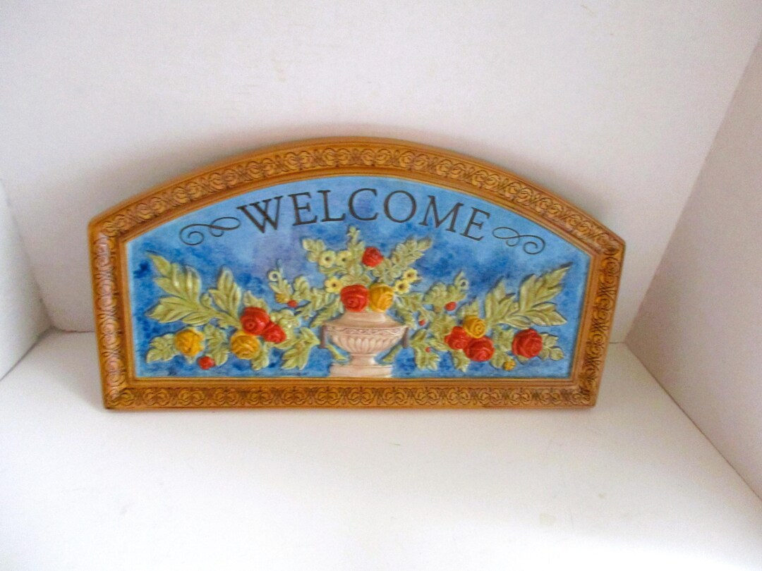 Vintage Ceramic Welcome Sign Embossed Floral - Etsy